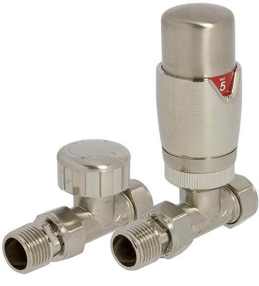 Towelrads Brushed Nickel Straight TRV with Lockshield - Heater Shop